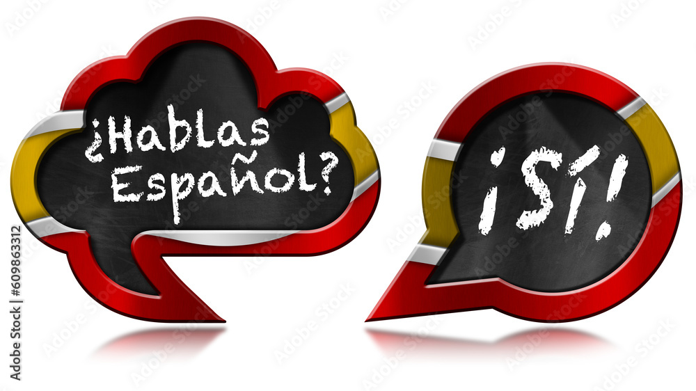 3D illustration of two speech bubbles with Spanish flag and question ...