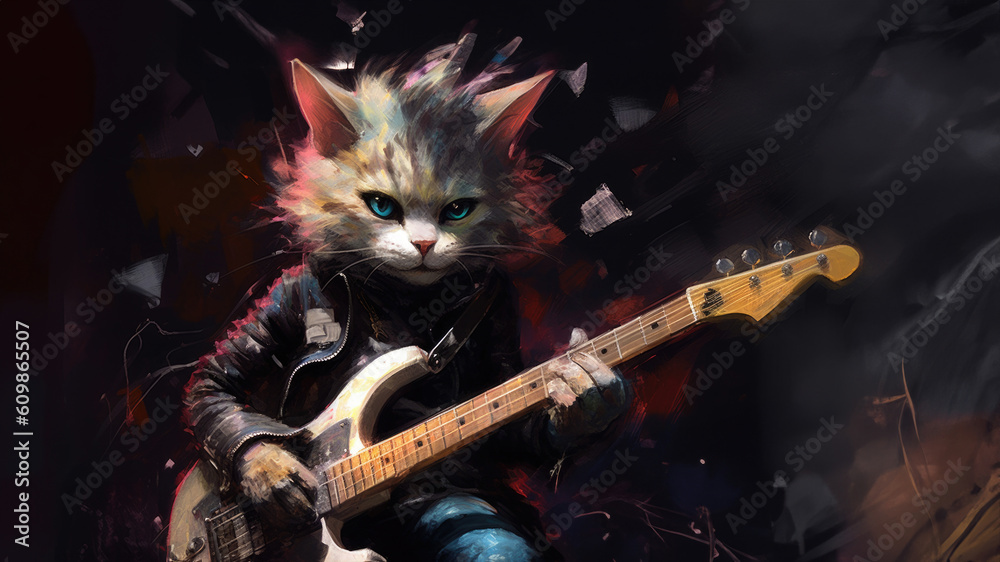 Hard rock metal guitarist cat with unruly long fur hair and cool ...
