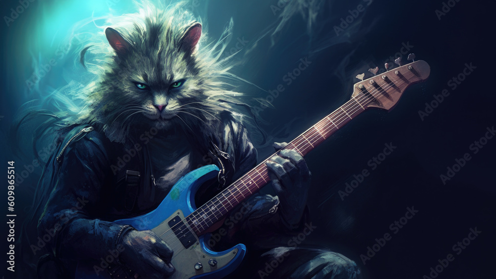 Hard rock metal guitarist cat with unruly long fur hair and cool ...