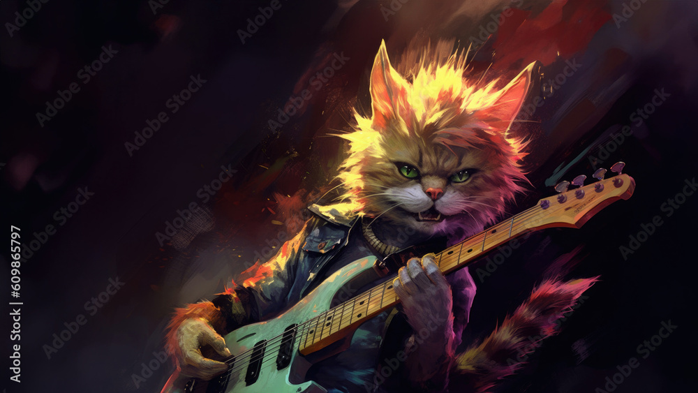 Hard rock metal guitarist cat with unruly long fur hair and cool ...