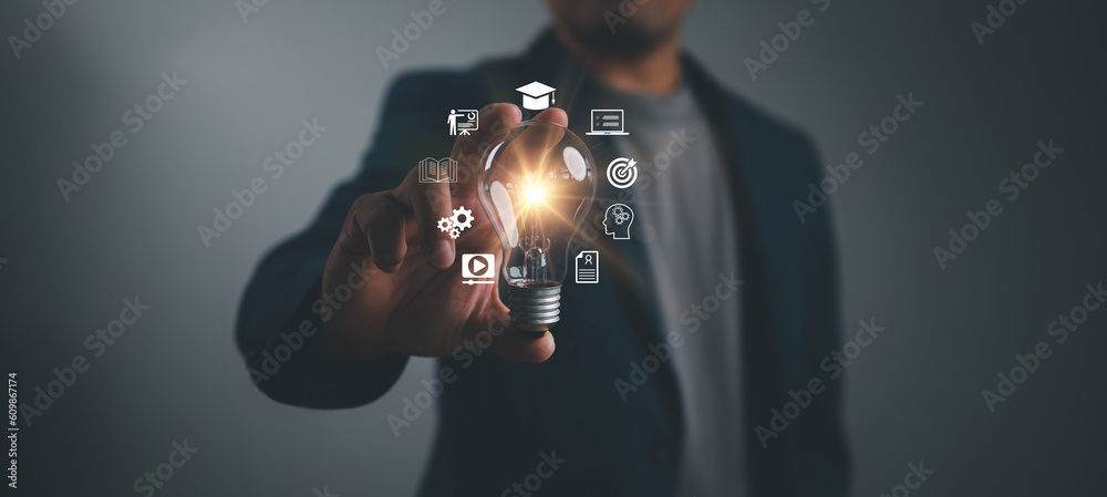 E-learning graduate certificate program concept. Man hands showing ...