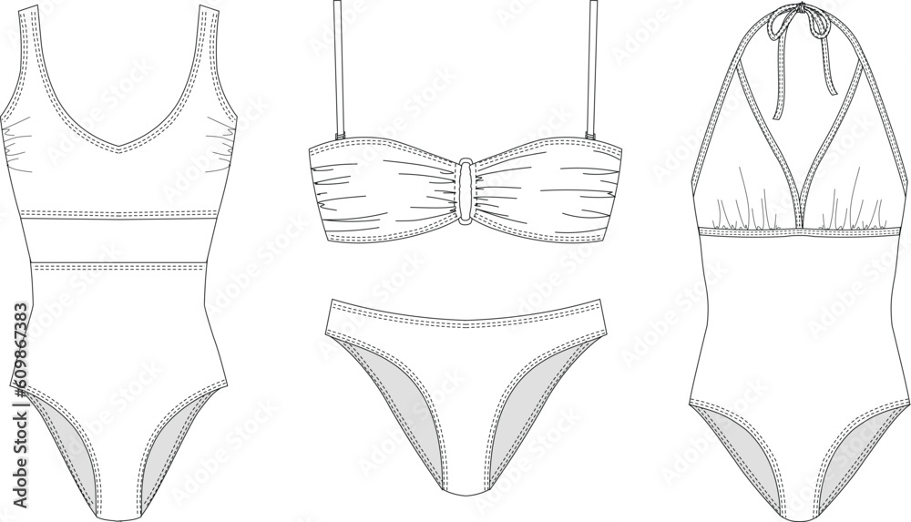 Woman sustainable swimwear, technical drawing, template, sketch, flat ...