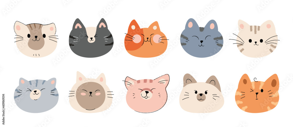 Cute and smile cat heads doodle vector set. Comic happy cat faces ...