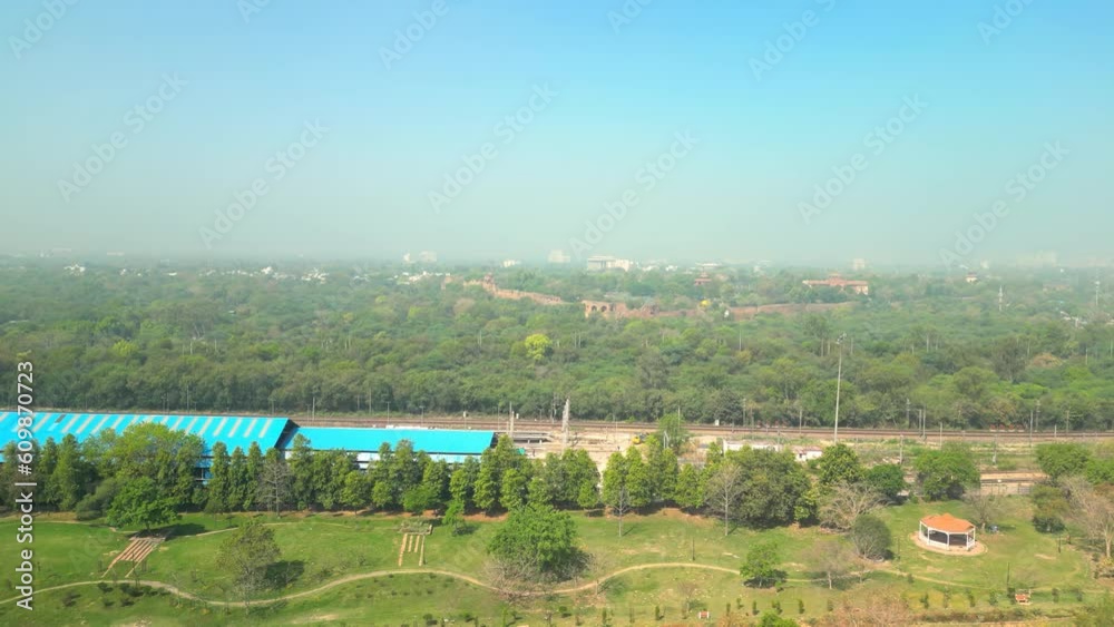 Delhi: Aerial view of capital city of India, famous landmark Purana ...