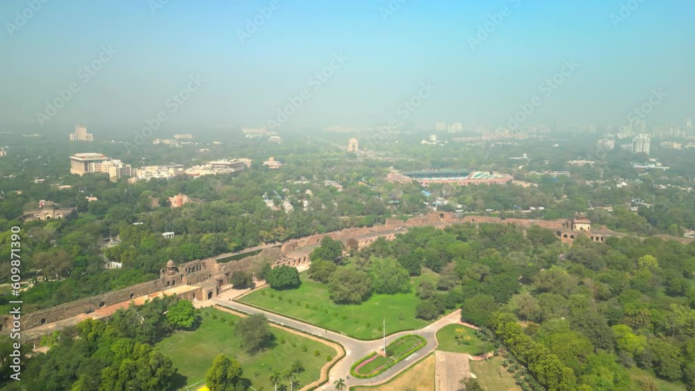 Delhi: Aerial view of capital city of India, famous landmark Purana ...