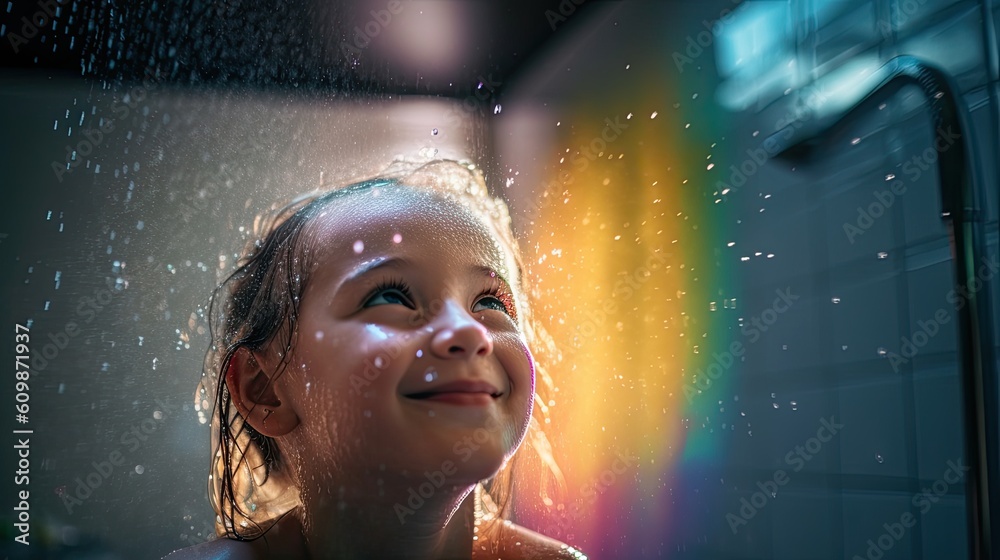 Happy little girl taking shower in bathroom colorful sunlight bokeh background, close up smiling ...