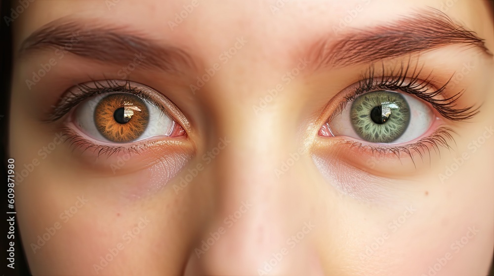 Close up woman face with different brown green eyes colors, complete ...