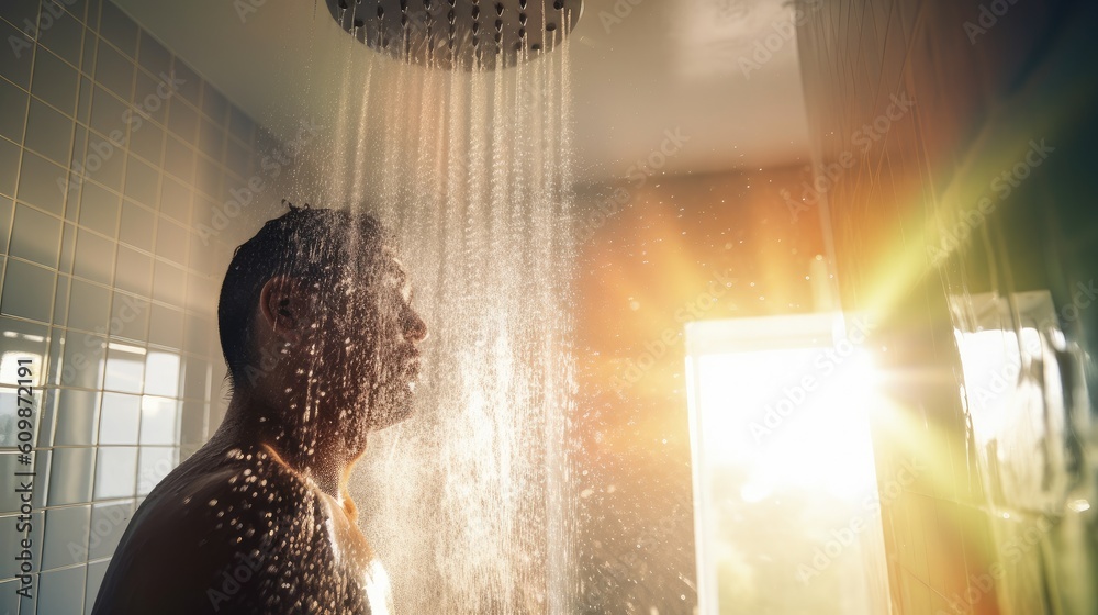 Man taking shower in bathroom colorful sunlight bokeh background, close up relaxing man taking ...