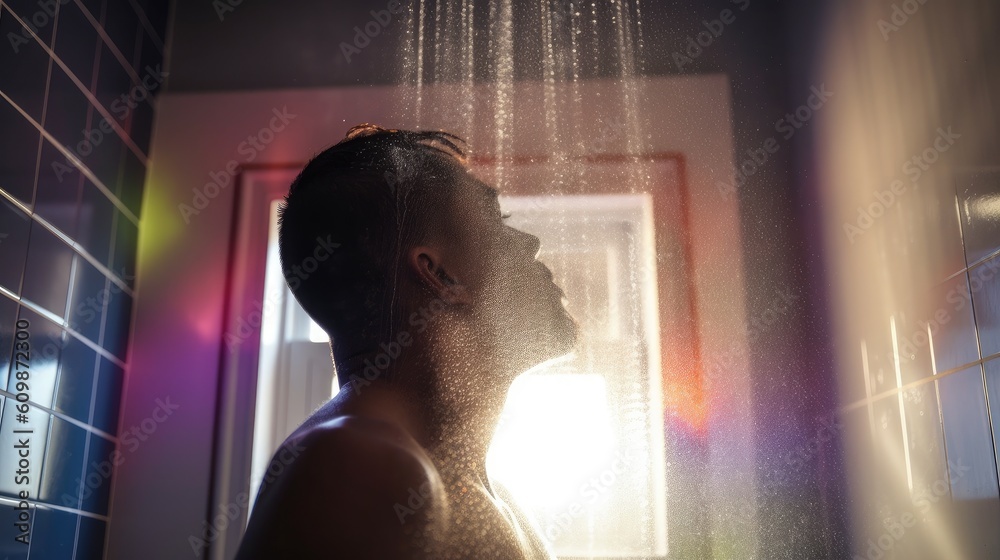Man taking shower in bathroom colorful sunlight bokeh background, close up relaxing man taking ...