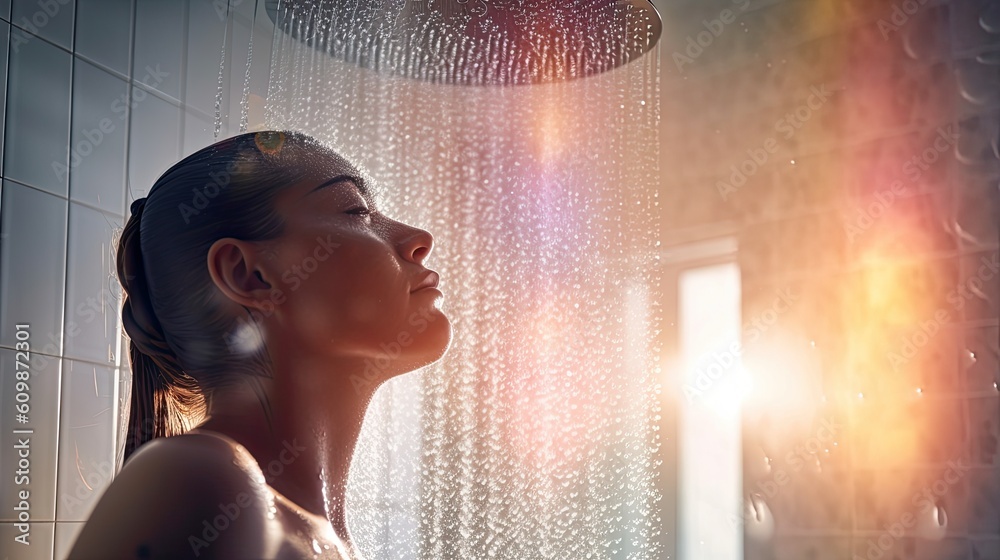 Woman taking shower in bathroom colorful sunlight bokeh background, close up relaxing girl ...