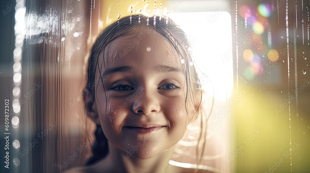 Happy little girl taking shower in bathroom colorful sunlight bokeh background, close up smiling ...