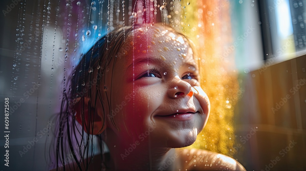 Happy little girl taking shower in bathroom colorful sunlight bokeh background, close up smiling ...