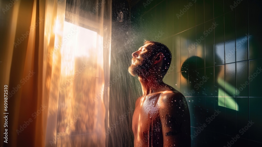 Man taking shower in bathroom colorful sunlight bokeh background, close up relaxing man taking ...