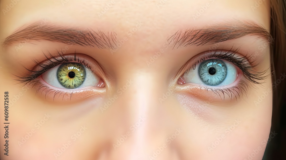 Close up woman face with different blue green eyes colors, complete ...