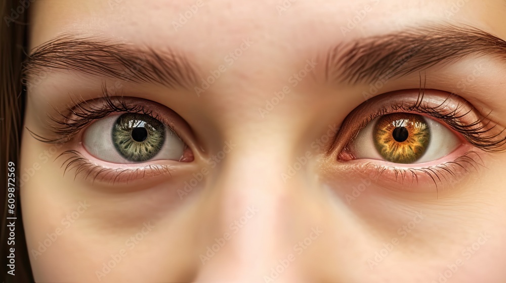 Close up woman face with different brown green eyes colors, complete ...