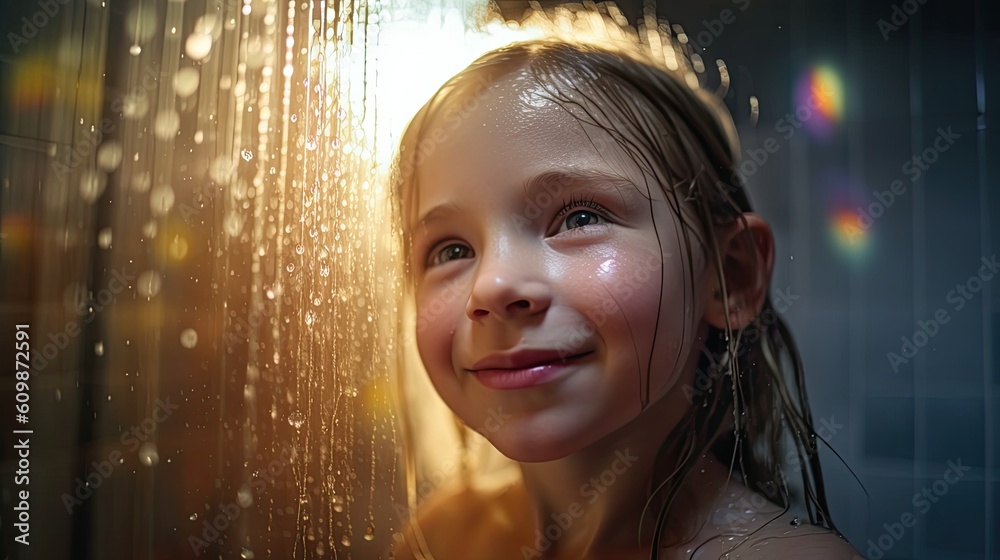 Happy little girl taking shower in bathroom colorful sunlight bokeh background, close up smiling ...