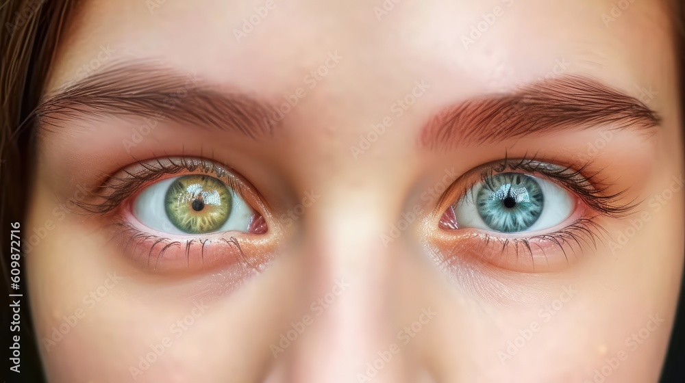 Close up woman face with different blue green eyes colors, complete ...
