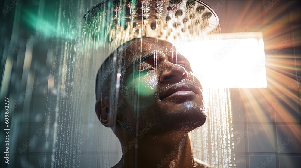 Man taking shower in bathroom colorful sunlight bokeh background, close up relaxing man taking ...