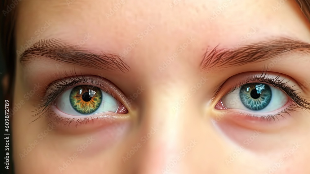 Close up woman face with different blue green eyes colors, complete ...