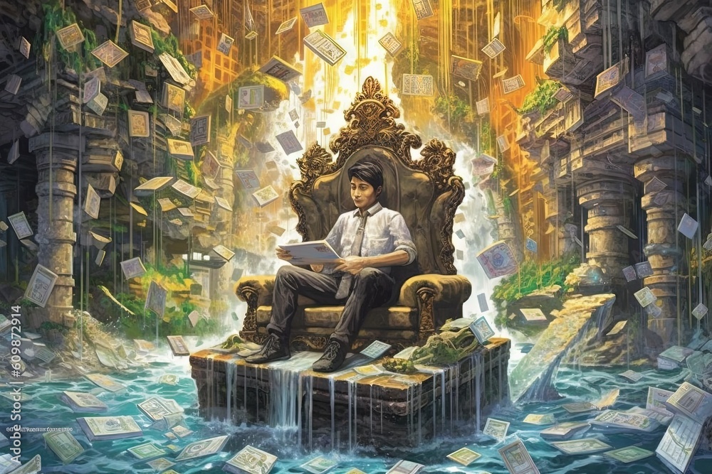 A surreal scene featuring a person sitting on a throne made of money ...