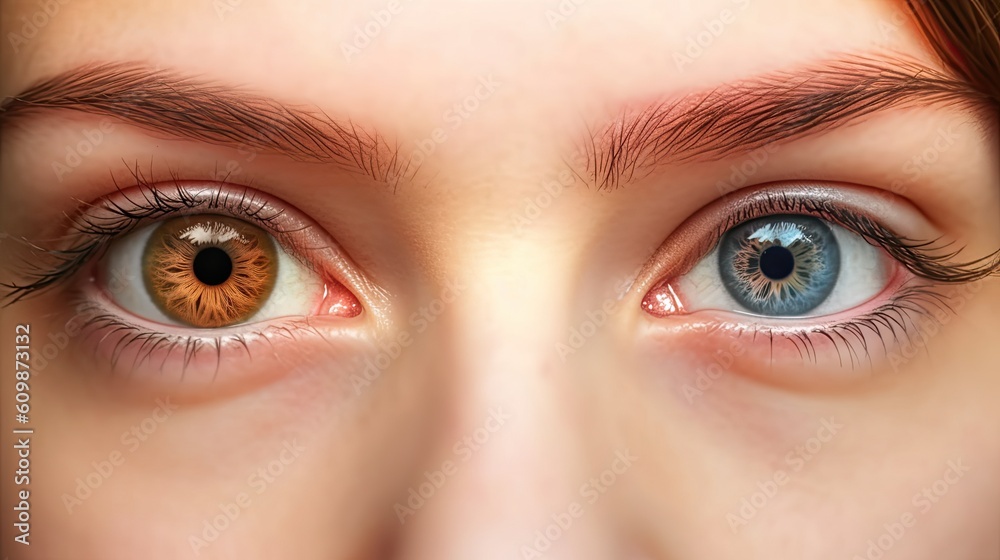 Close up woman face with different blue brown eyes colors, complete ...