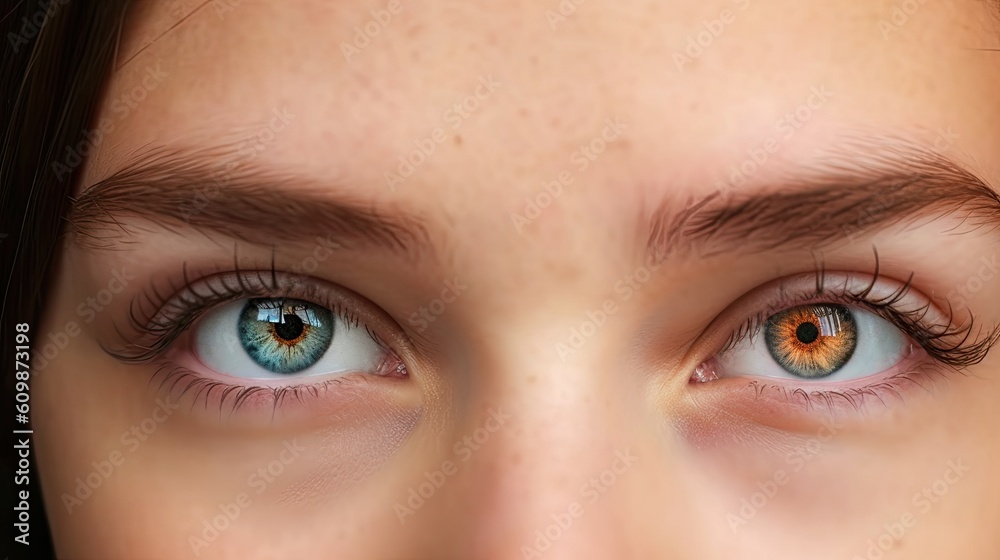 Close up woman face with different blue brown eyes colors, complete ...