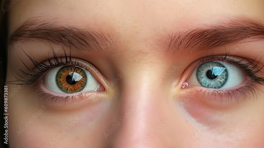Close up woman face with different blue brown eyes colors, complete ...