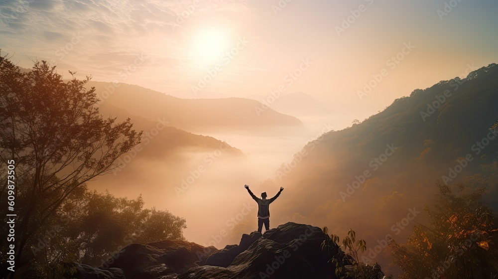 Ilustração do Stock: Traveler man raised hands stands on top of ...