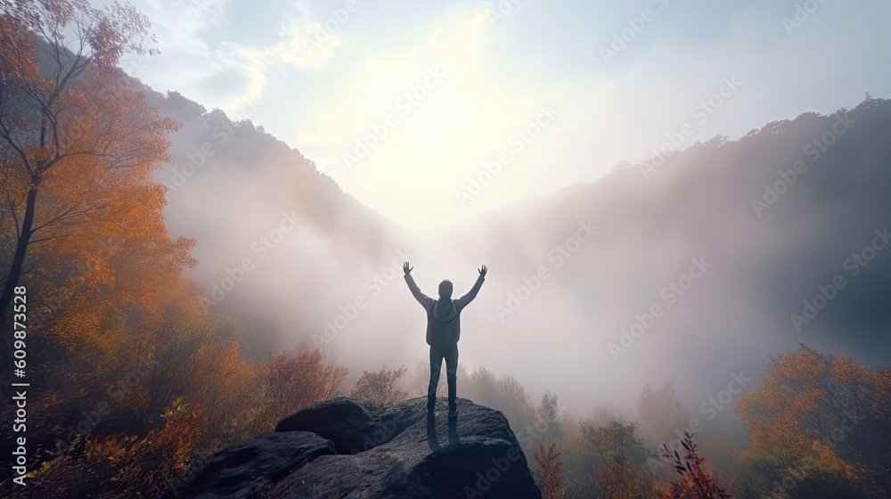 Traveler man raised hands stands on top of mountain with stunning view ...