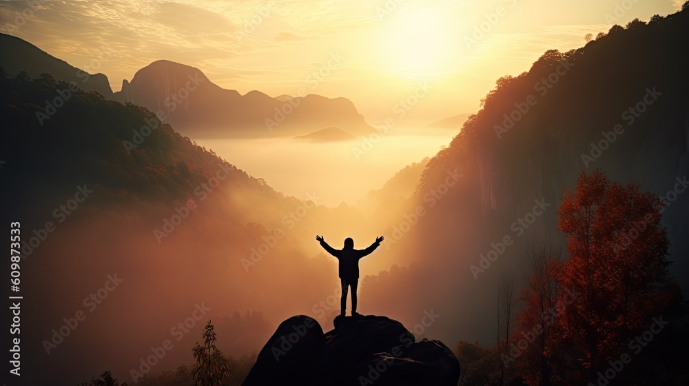 Traveler man raised hands stands on top of mountain with stunning view ...