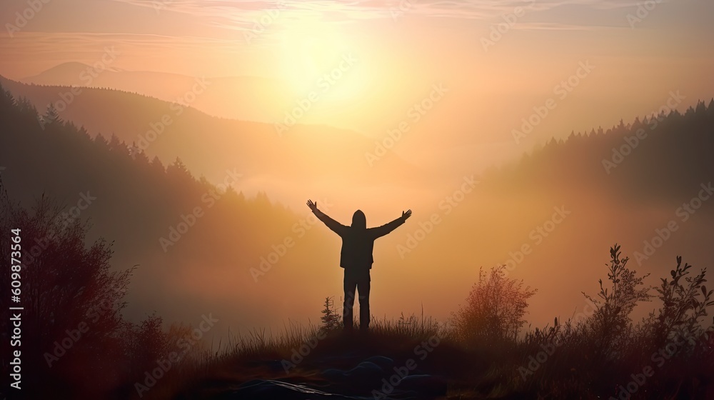 Traveler man raised hands stands on top of mountain with stunning view ...
