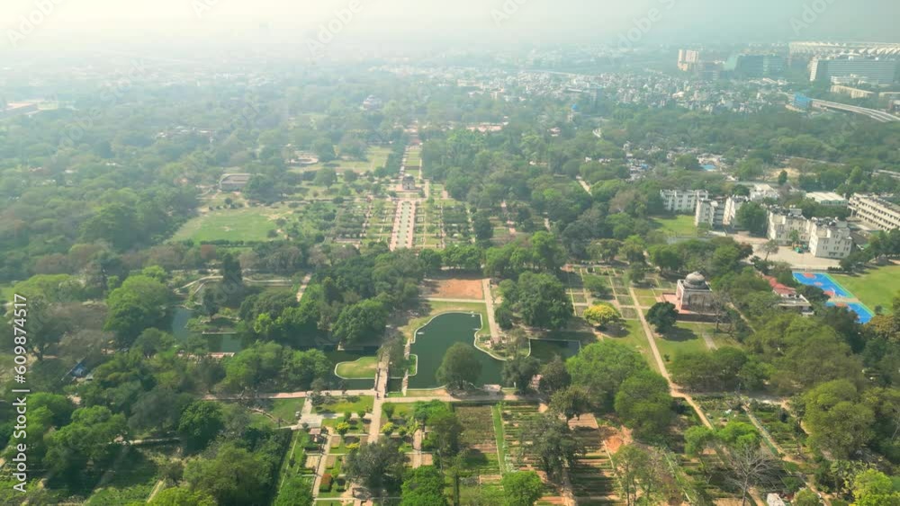 Delhi: Aerial view of capital city of India, heritage park & garden ...