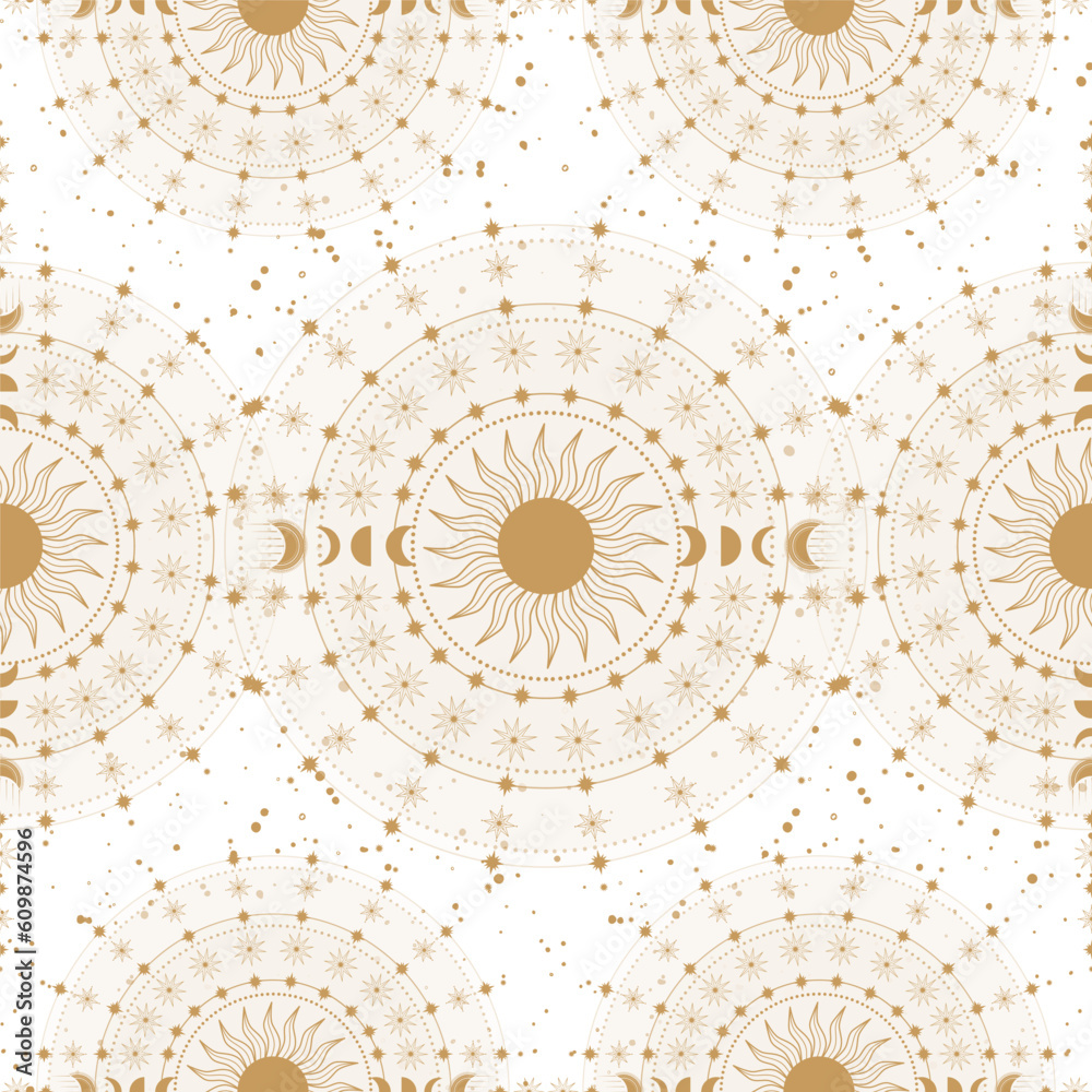 Hand drawn seamless pattern of golden Sun, Moon, stars. Mystical ...