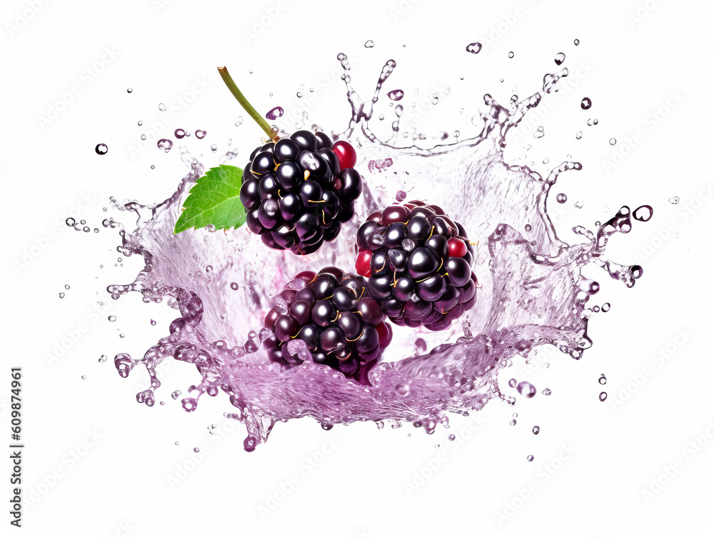 Falling blackberries meets water in a splash, white background. Lots of ...