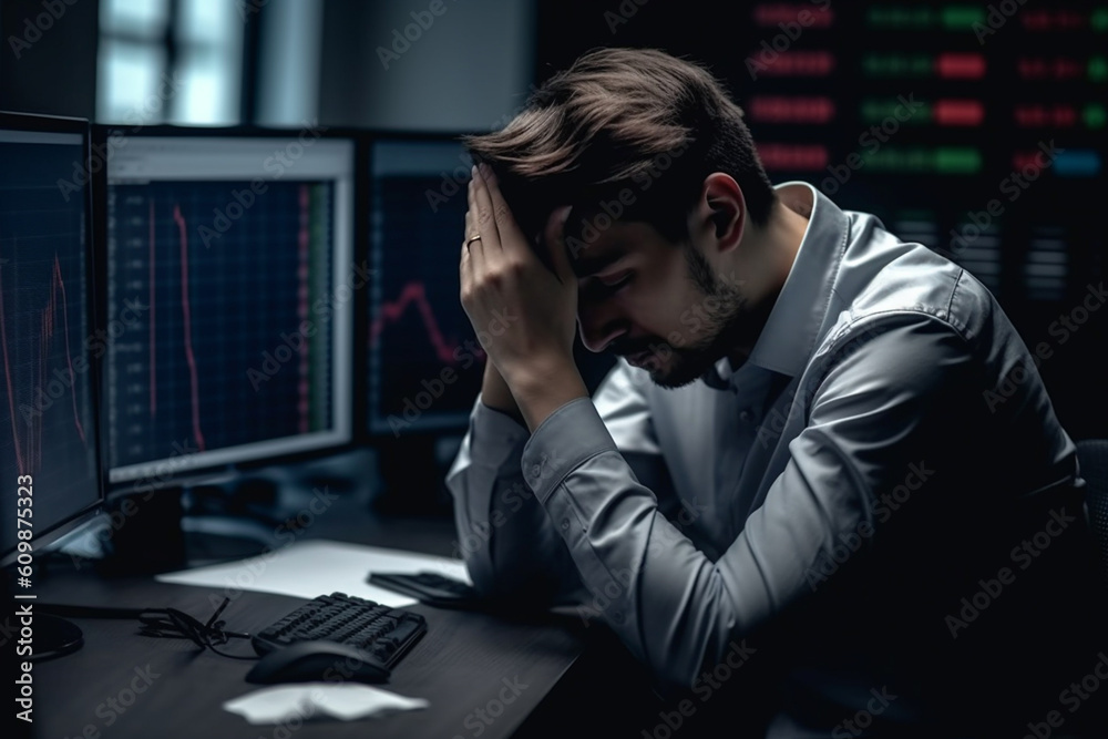 Worried businessman in front of the computer screen inside a modern ...