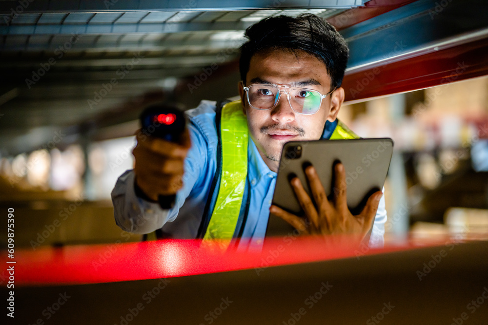 Warehouse workers use scanner checking and scan the barcode of stock ...
