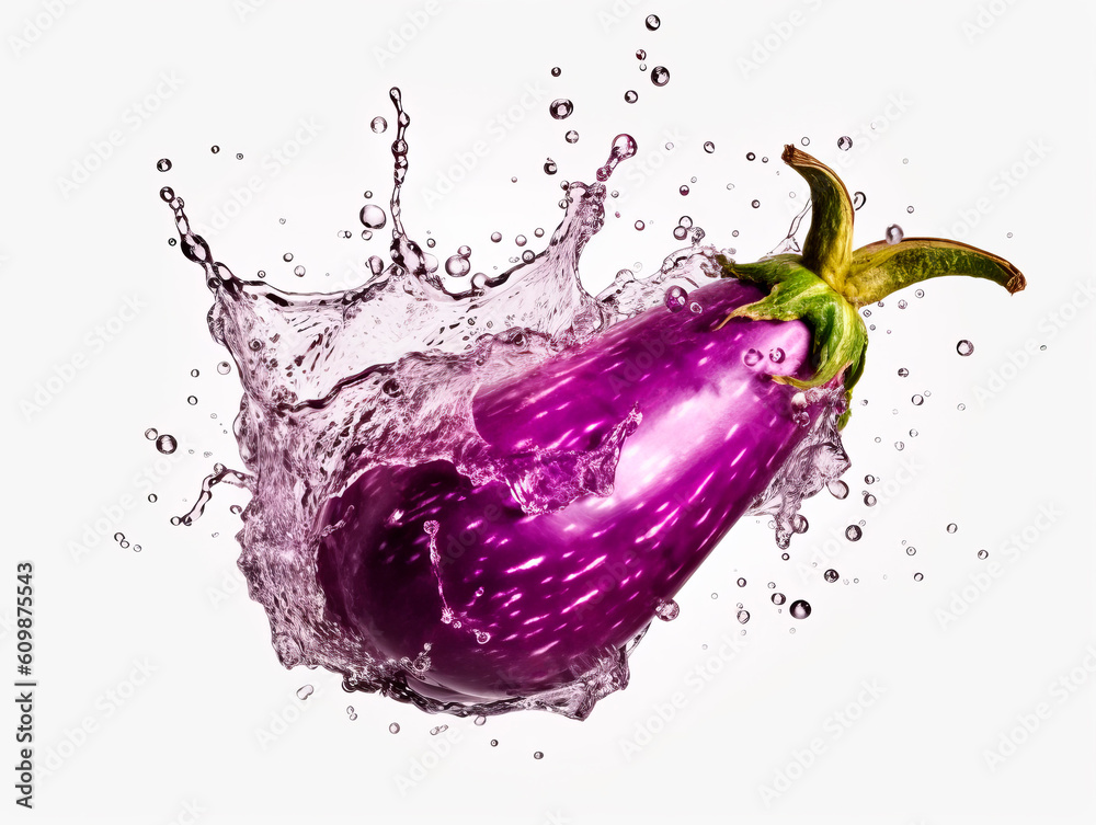 Falling eggplant vegetable meets water in a splash, white background ...