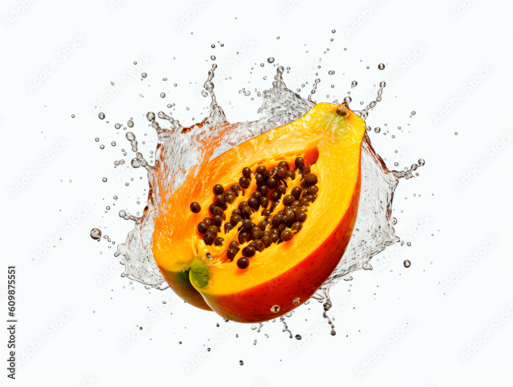 Falling cutted papaya fruit meets water in a splash, white background ...