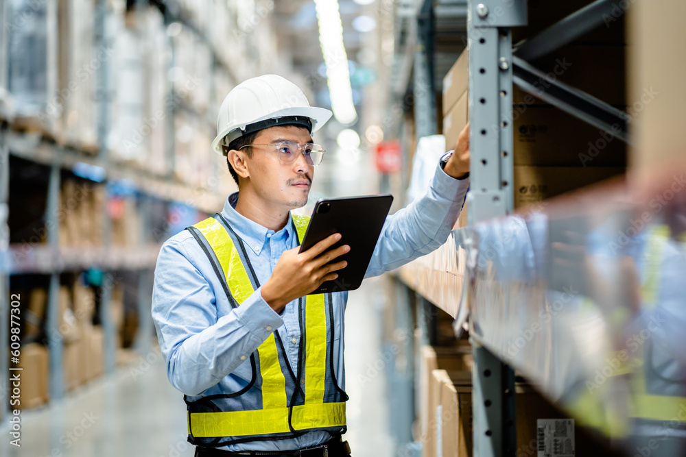 Warehouse Worker using digital tablets to check the stock inventory in ...