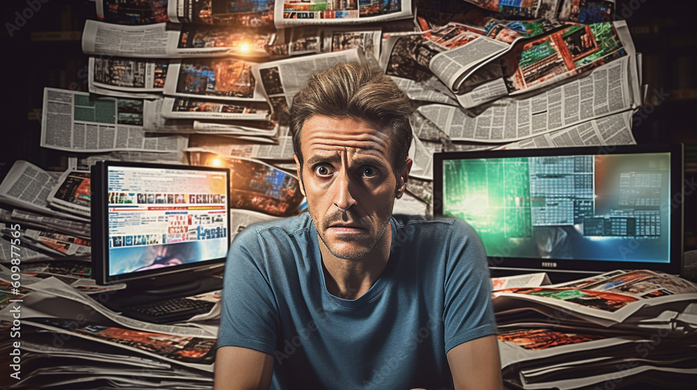Man sitting in front of a computer or television screen, with a look of ...