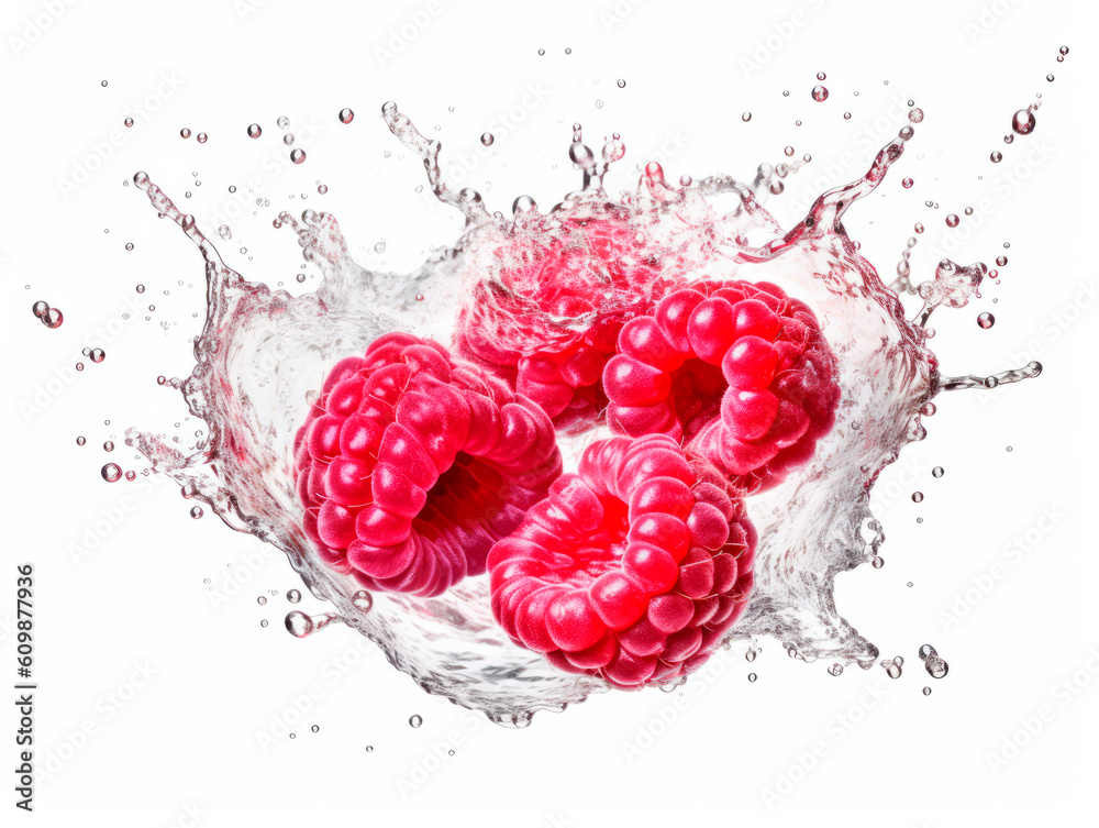Falling raspberries meets water in a splash, white background. Lots of ...