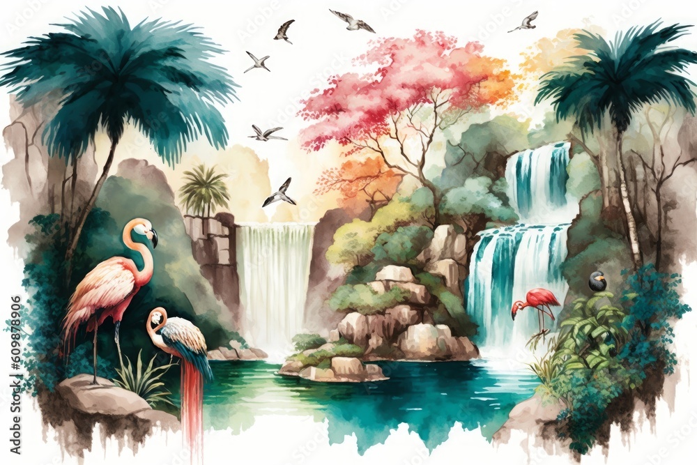 Watercolor drawing of a natural landscape of a waterfall with trees ...