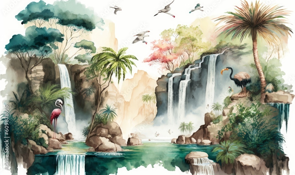 Watercolor drawing of a natural landscape of a waterfall with trees ...