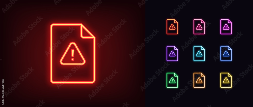 Outline neon file damage icon set. Glowing neon document with ...