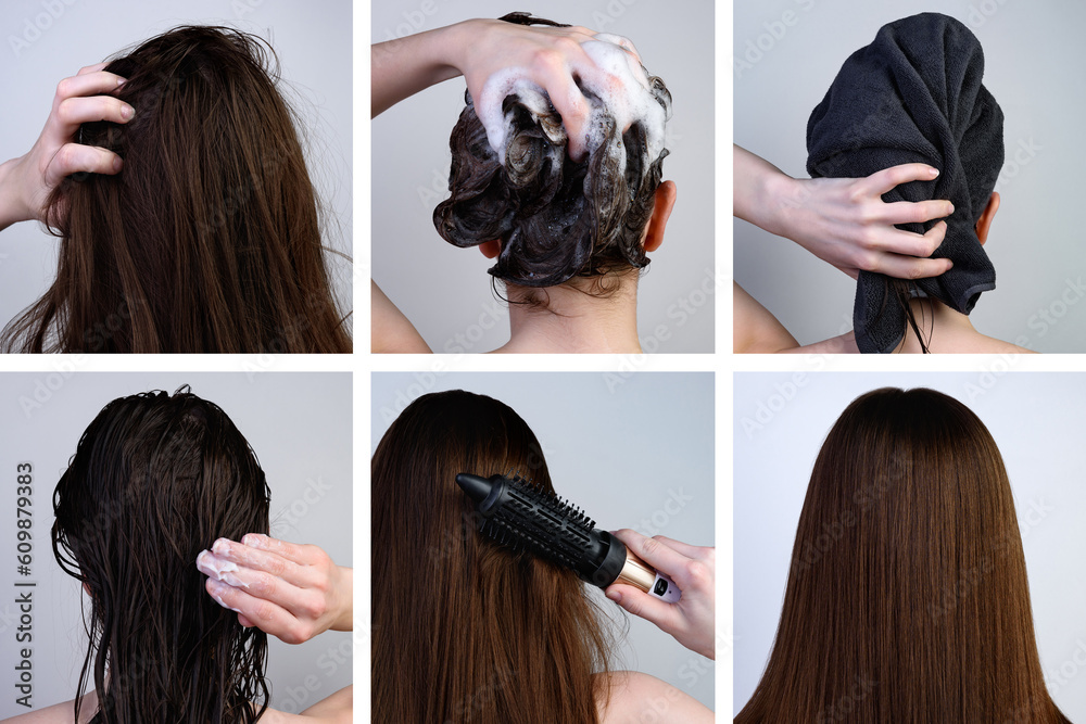 Step-by-step hair washing. A young girl taking care of her hair. The ...