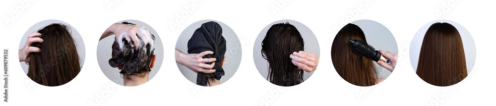 Step-by-step hair washing. A young girl taking care of her hair. The ...