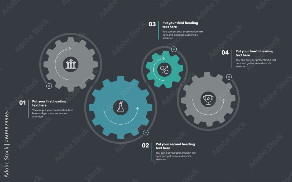 Cogwheel process template with four steps on dark background. SImple chart design for workflow ...