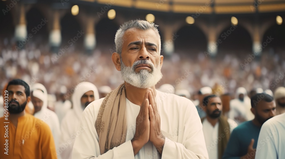 Muslim man praying with view of Kaaba in Mecca and crowd of Muslims ...