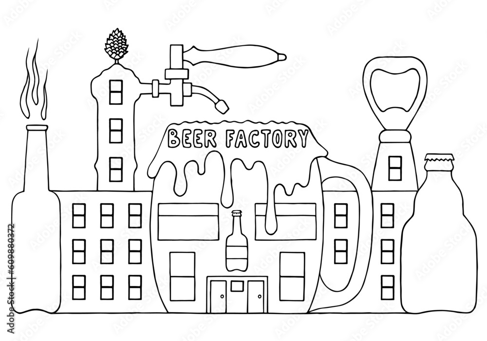 Interesting brewery in doodle style. Beer production. Beer industry ...