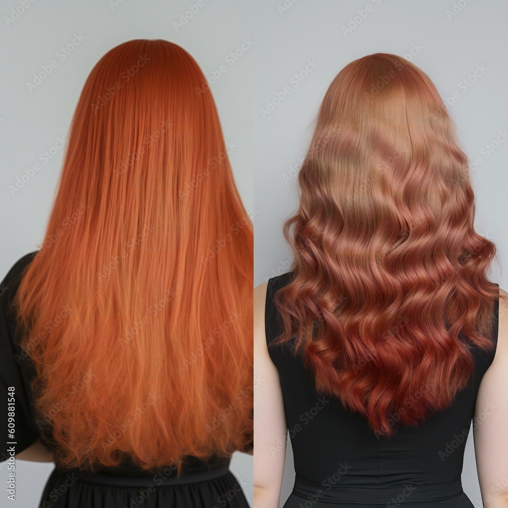 Red Straightened hair and curly hair. Before and after. Created with ...